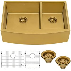 ruvati 33-inch satin brass matte gold stainless steel 60/40 double bowl apron-front farmhouse kitchen sink - rvh9742gg