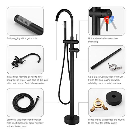 TapLong Freestanding Bathtub Faucet Tub Floor Mount Bathroom Faucets Brass Single Handle with Hand Shower High Flow Rate Max 6 GPM (Matte Black)