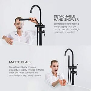 TapLong Freestanding Bathtub Faucet Tub Floor Mount Bathroom Faucets Brass Single Handle with Hand Shower High Flow Rate Max 6 GPM (Matte Black)