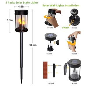 Outdoor Garden Solar Stake Lights Flickering Candle Lantern Lighting for Yard, Lawn, Patio, Pathway, Wall Decoration (2Pack, Black)