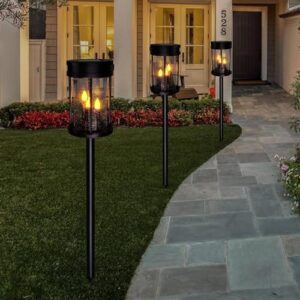 Outdoor Garden Solar Stake Lights Flickering Candle Lantern Lighting for Yard, Lawn, Patio, Pathway, Wall Decoration (2Pack, Black)