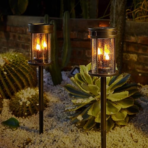 Outdoor Garden Solar Stake Lights Flickering Candle Lantern Lighting for Yard, Lawn, Patio, Pathway, Wall Decoration (2Pack, Black)