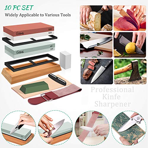 Knife Sharpening Stone Set, G-TING 400/1000 and 3000/8000 Grit Whetstone Knife Sharpener Kit with Leather Razor Strop, Leather Honing Strop, Polishing Compound, Bamboo Base and Flattening Stone