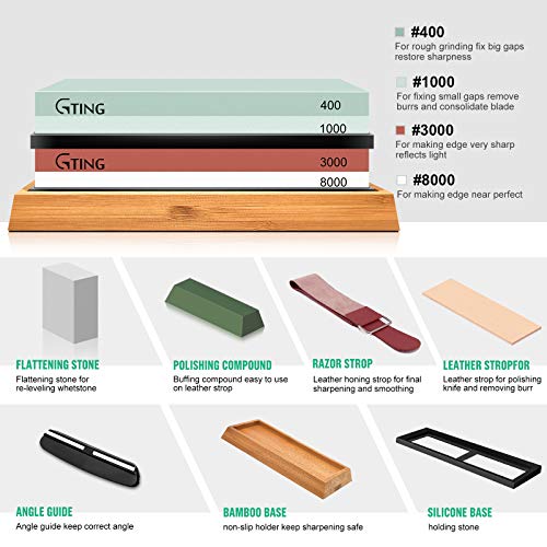 Knife Sharpening Stone Set, G-TING 400/1000 and 3000/8000 Grit Whetstone Knife Sharpener Kit with Leather Razor Strop, Leather Honing Strop, Polishing Compound, Bamboo Base and Flattening Stone