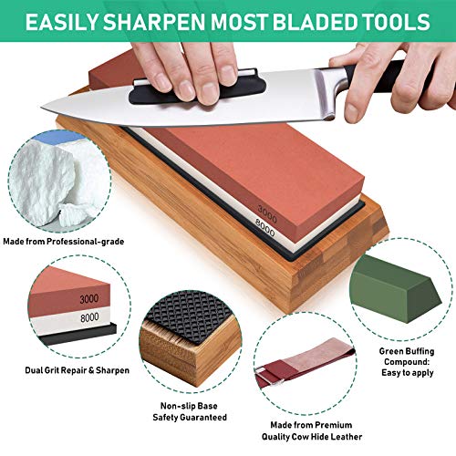 Knife Sharpening Stone Set, G-TING 400/1000 and 3000/8000 Grit Whetstone Knife Sharpener Kit with Leather Razor Strop, Leather Honing Strop, Polishing Compound, Bamboo Base and Flattening Stone