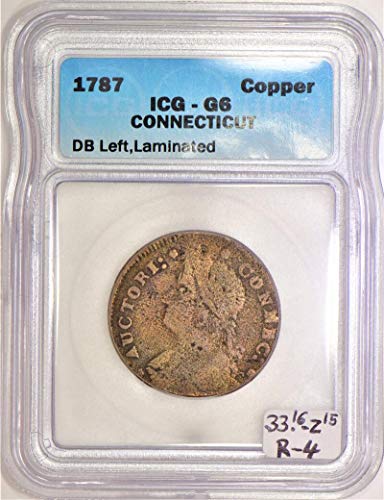 1787 No Mintmark Colonial Copper DB Left, Laminated, 33.16-z15, R-4; ICG Certified Connecticut G-06