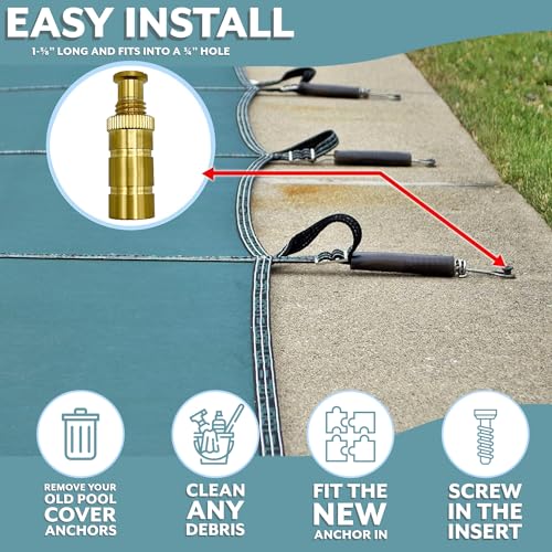 Poolzilla Pool Safety Cover Brass Anchors for Concrete and Pavers - 10 Pack - Universal Fit