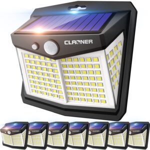 claoner solar lights outdoor, [128 led/8 packs] solar motion lights 3 working modes solar wall lights with 270°wide angle wireless ip65 waterproof motion sensor outdoor deck lights, cold white