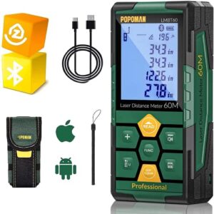 laser measure 196ft, popoman rechargeable with bluetooth laser distance meter, intelligent house app for joyplan, 2.25' lcd backlit, measure distance, area, volume, pythagoras measurement tool