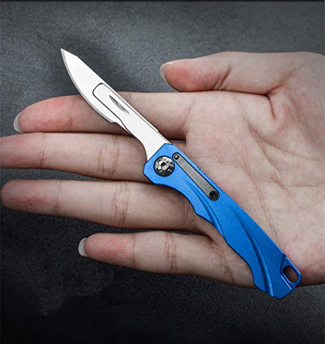 SZHOWORLD Mini EDC Pocket Knife,Aluminium Alloy Handle Carbon Steel Blade Folding Knife with 10 Extra Replaceable Blades,Portable Lightweight and Compact (Blue)