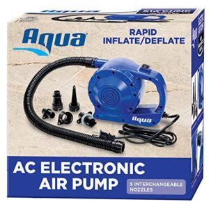 aqua ac electric air pump – 110v – heavy duty air pump for inflatables with 5 nozzle attachments – blue