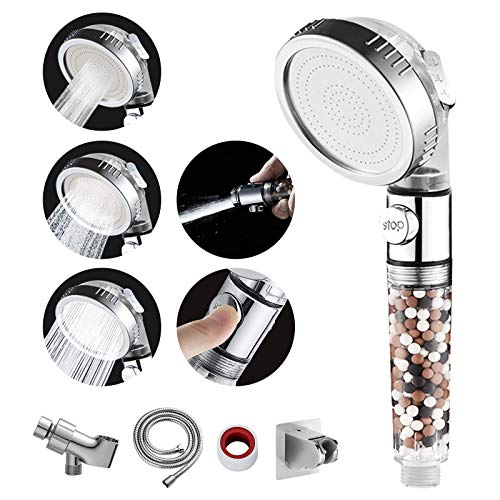 MIAOHUI Zenbody Shower Head with Filter Beads, 3 Modes Shower Envy Showerhead with On Off Switch, Handheld Eco Water Spa Shower Head with Hose, Adjustable Bracket, Self-adhesive Holder