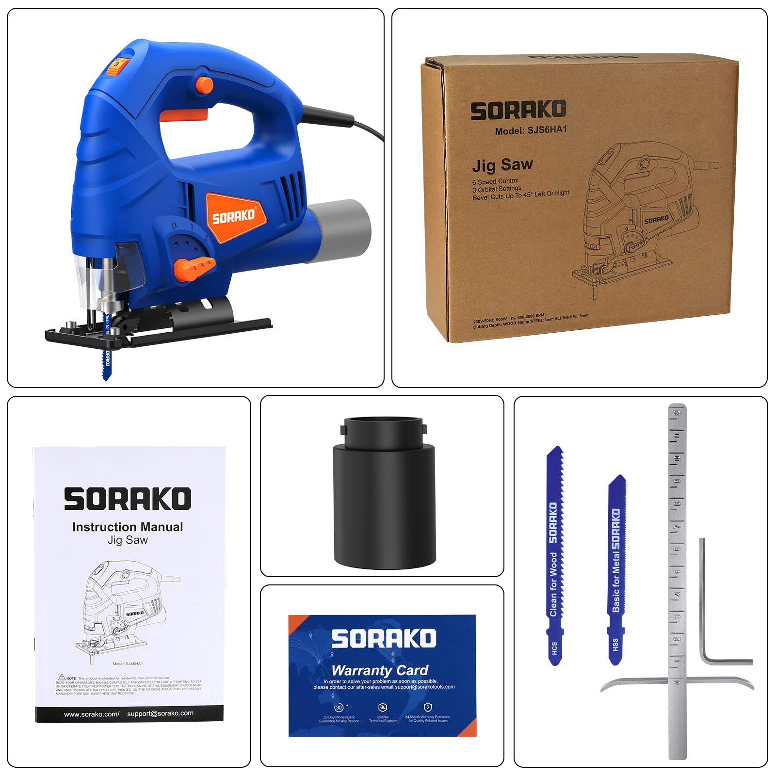 SORAKO Jigsaw, 5.0Amp Jig Saw Tool Corded Electric Power Cutter,800-3000 SPM Jig Saw, 6 Variable Speed, 0°-45° Bevel Cutting, 4 Orbital Sets, for Woodworking with 2PCS Blades & Scale Ruler