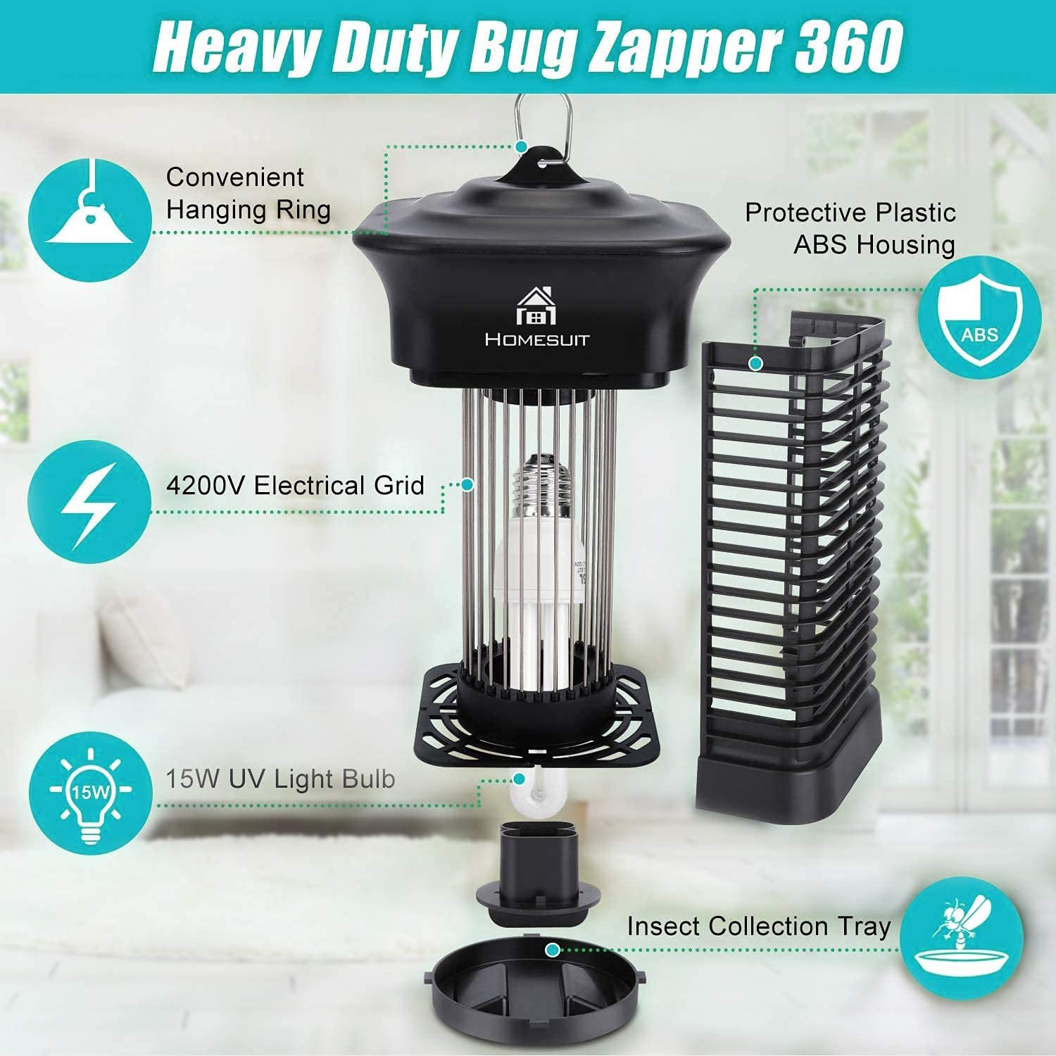 Homesuit Bug Zapper 15W for Outdoor and Indoor, High Powered 4000V Electric Mosquito Zappers Killer, Waterproof Insect Fly Trap Outdoor, Electronic Light Bulb Lamp for Home Backyard Patio