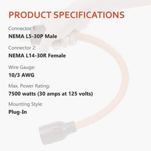 BOEEMI Generator Transfer Switch Adapter Cord L5-30P Male to L14-30R Female, 30 Amp Twist Lock 3 Prong to 4 Prong Generator Plug Adapter Connects Generator’s 3 Prong Outlet to 4 Prong Inlet Box, 1.5FT