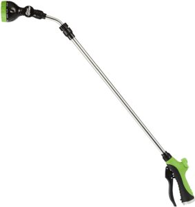 flexi hose green water wand with pivoting head - a heavy-duty front trigger telescoping watering wand - 7 spray patterns - on/off thumb control - water plants, wash cars, and shower pets