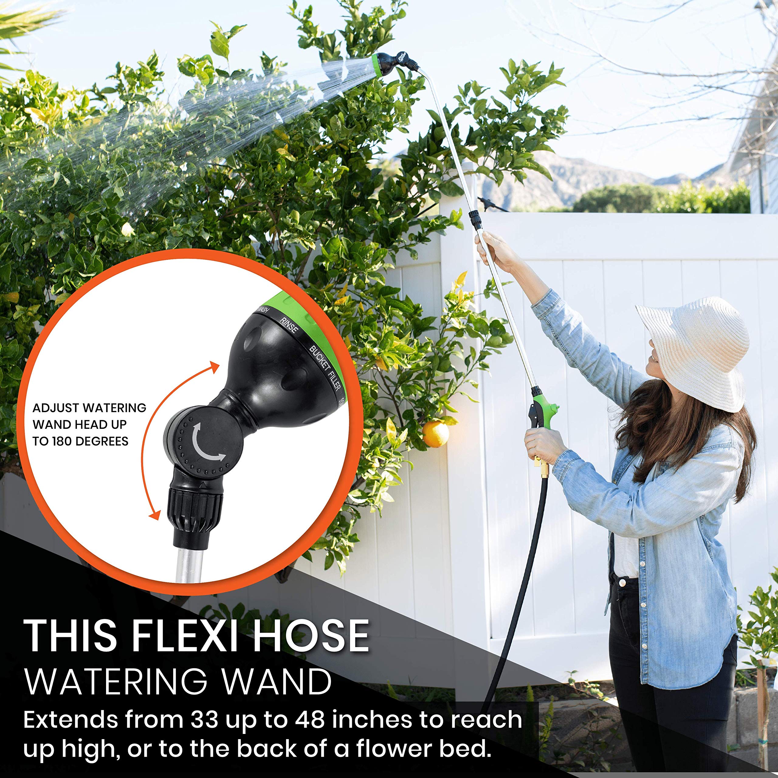 Flexi Hose Green Water Wand with Pivoting Head - A Heavy-Duty Front Trigger Telescoping Watering Wand - 7 Spray Patterns - ON/OFF Thumb Control - Water Plants, Wash Cars, and Shower Pets