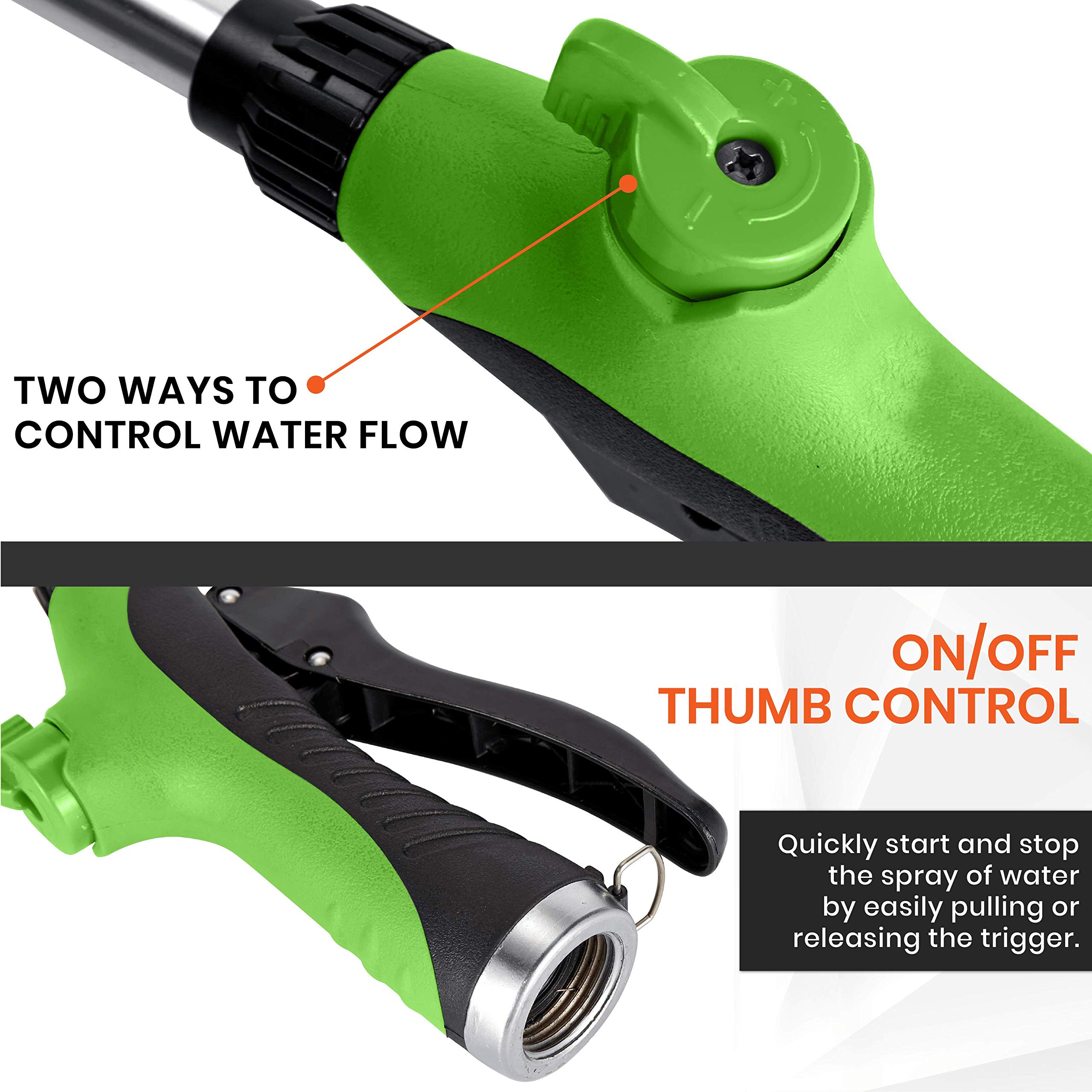 Flexi Hose Green Water Wand with Pivoting Head - A Heavy-Duty Front Trigger Telescoping Watering Wand - 7 Spray Patterns - ON/OFF Thumb Control - Water Plants, Wash Cars, and Shower Pets