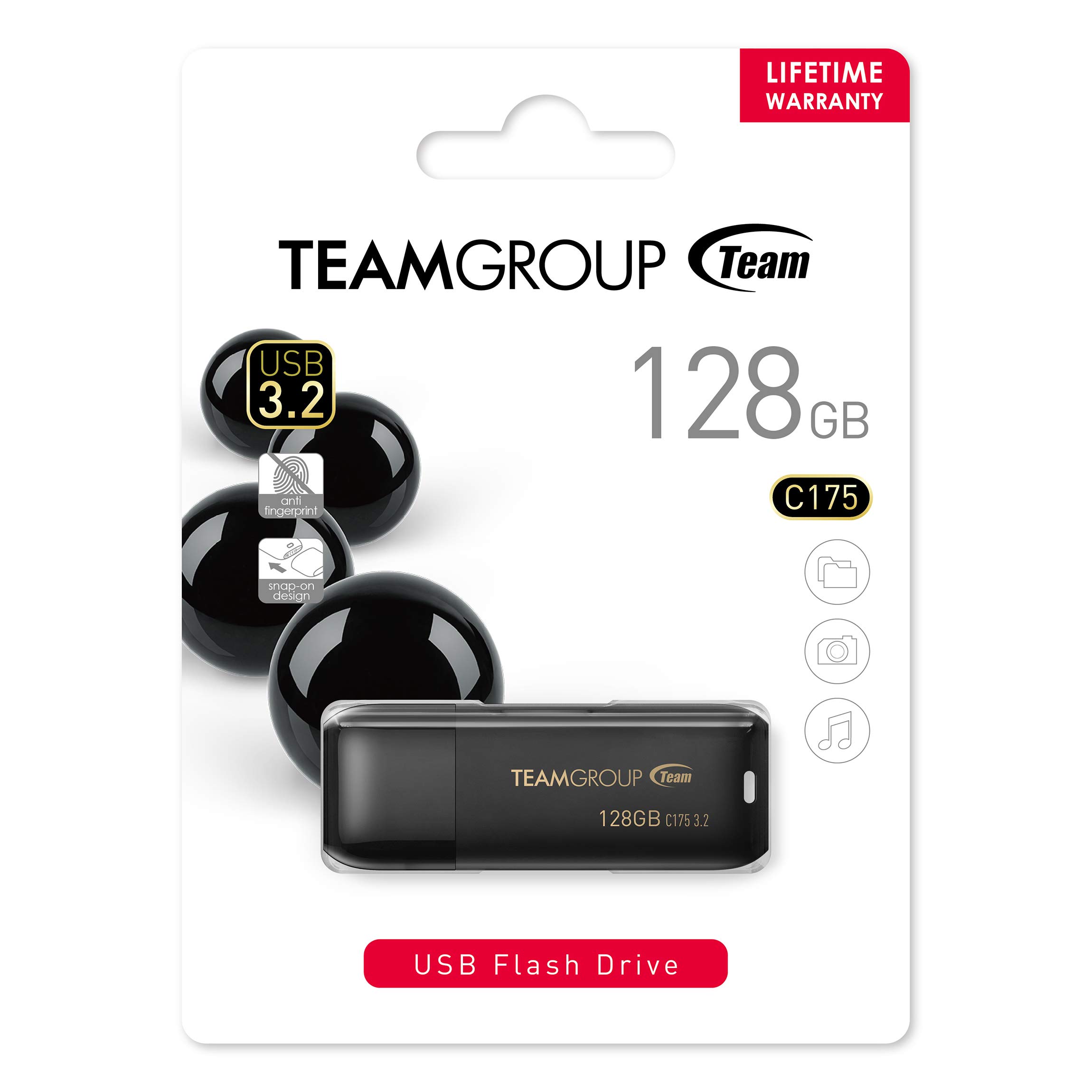 TEAMGROUP C175 128GB 2 Pack USB 3.2 Gen 1 (USB 3.1/3.0) Read 100MB/s Flash Thumb Drive, External Data Storage Memory Stick Compatible with Computer/Laptop Matte Black TC1753128GB22