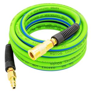 yotoo air hose 1/4 in x 25 ft, heavy duty hybrid air compressor hose, flexible, lightweight, kink resistant with 1/4" industrial quick coupler fittings, bend restrictors, green+blue