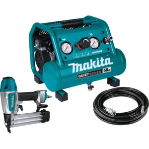 makita mac100qk1 quiet series 1/2 hp, 1 gallon compact, oil-free, electric air compressor, and 18 gauge brad nailer combo kit