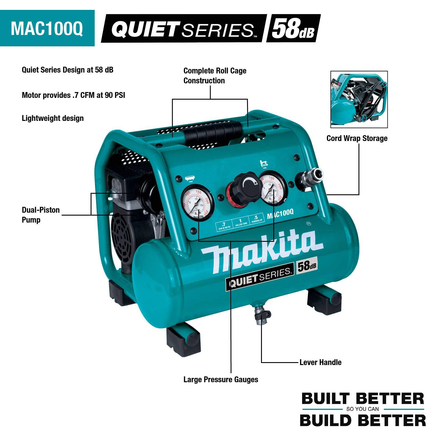 Makita MAC100QK1 Quiet Series 1/2 HP, 1 Gallon Compact, Oil-Free, Electric Air Compressor, and 18 Gauge Brad Nailer Combo Kit