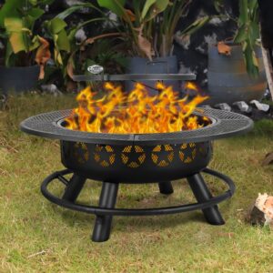 Hykolity 35 Inch Fire Pit with Cooking Grate & Charcoal Pan, Outdoor Wood Burning BBQ Grill Firepit Bowl with Cover Lid, Steel Round Table for Backyard Bonfire Patio Picnic