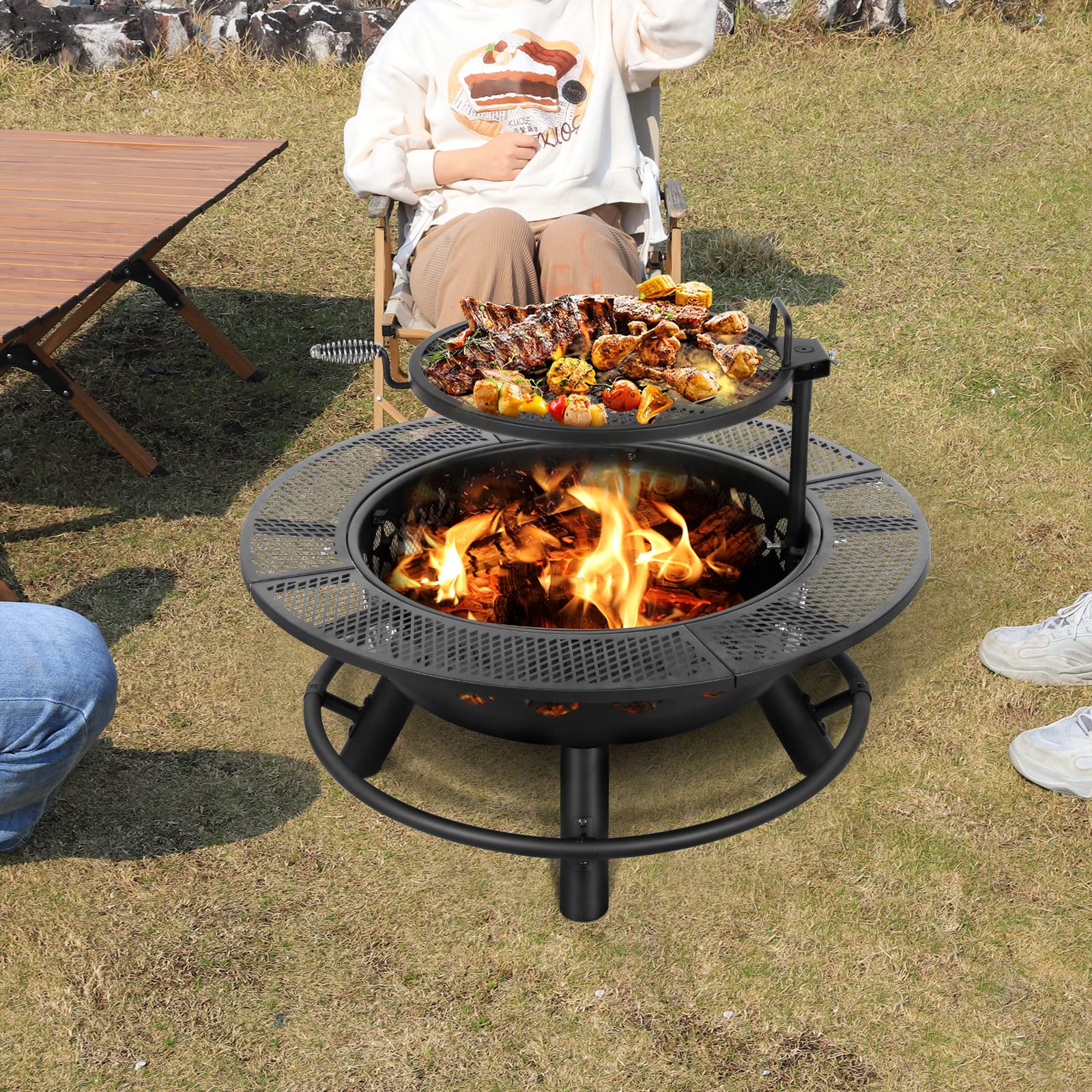 Hykolity 35 Inch Fire Pit with Cooking Grate & Charcoal Pan, Outdoor Wood Burning BBQ Grill Firepit Bowl with Cover Lid, Steel Round Table for Backyard Bonfire Patio Picnic