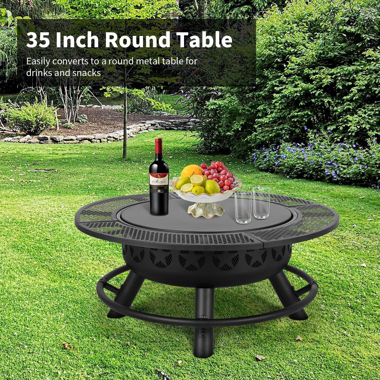 Hykolity 35 Inch Fire Pit with Cooking Grate & Charcoal Pan, Outdoor Wood Burning BBQ Grill Firepit Bowl with Cover Lid, Steel Round Table for Backyard Bonfire Patio Picnic