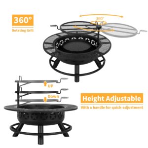 Hykolity 35 Inch Fire Pit with Cooking Grate & Charcoal Pan, Outdoor Wood Burning BBQ Grill Firepit Bowl with Cover Lid, Steel Round Table for Backyard Bonfire Patio Picnic