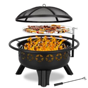 hykolity 2 in 1 fire pit with grill, large 31" wood burning fire pit with swivel cooking grate outdoor firepit for backyard bonfire patio outside picnic bbq, spark cover, fire poker