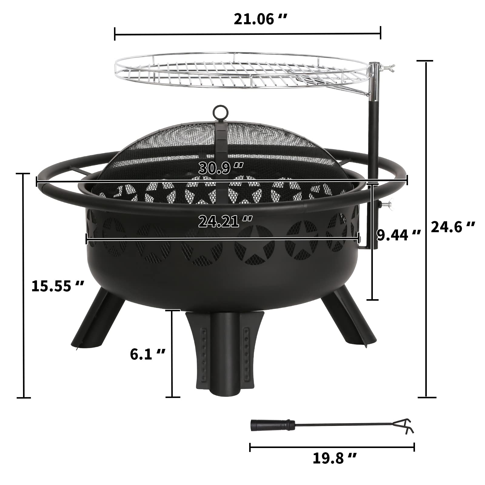 Hykolity 2 in 1 Fire Pit with Grill, Large 31" Wood Burning Fire Pit with Swivel Cooking Grate Outdoor Firepit for Backyard Bonfire Patio Outside Picnic BBQ, Spark Cover, Fire Poker