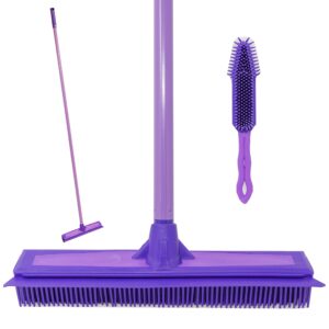 don aslett's rubber broom (12") and hand brush (10") set | 59-inch steel pole | multipurpose synthetic rubber bristles cleans pet cat or dog hair, liquid spills on concrete & hardwood surface (purple)