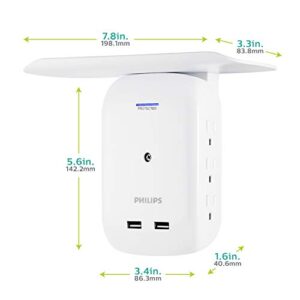 Philips 6-Outlet Extender 2-USB Surge Protector, Side Access Adapter, Wall Tap, Removable Device Charging Shelf, Charging Station, Protected Indicator Light, 450J, 2.4A, 12W, White, SPS6024WA/37