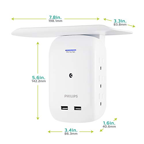 Philips 6-Outlet Extender 2-USB Surge Protector, Side Access Adapter, Wall Tap, Removable Device Charging Shelf, Charging Station, Protected Indicator Light, 450J, 2.4A, 12W, White, SPS6024WA/37