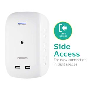 Philips 6-Outlet Extender 2-USB Surge Protector, Side Access Adapter, Wall Tap, Removable Device Charging Shelf, Charging Station, Protected Indicator Light, 450J, 2.4A, 12W, White, SPS6024WA/37