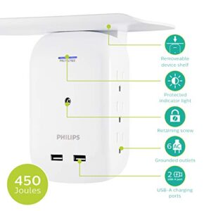 Philips 6-Outlet Extender 2-USB Surge Protector, Side Access Adapter, Wall Tap, Removable Device Charging Shelf, Charging Station, Protected Indicator Light, 450J, 2.4A, 12W, White, SPS6024WA/37