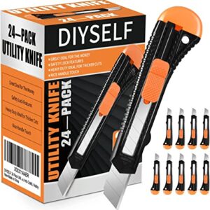 DIYSELF 24 Pack Utility Knife, Box Cutter, 18mm Utility Knives for School, Warehouse, Office, Box Cutter Retractable for Packages, Paper, Leather, Foam, Durable Razor Knife, Box Opener, Paper Knife