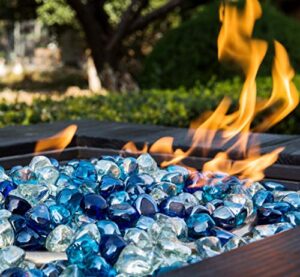 chilli cosmos fire glass diamond 1 inchfire pit glass rocks for propane or gas fire pit （10 pounds white/cobalt blue/margarita azura blue blend） gift package