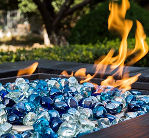 Chilli Cosmos Fire Glass Diamond 1 InchFire Pit Glass Rocks for Propane or Gas Fire Pit （10 Pounds White/Cobalt Blue/Margarita Azura Blue Blend） Gift Package