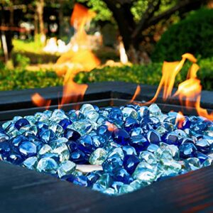 Chilli Cosmos Fire Glass Diamond 1 InchFire Pit Glass Rocks for Propane or Gas Fire Pit （10 Pounds White/Cobalt Blue/Margarita Azura Blue Blend） Gift Package