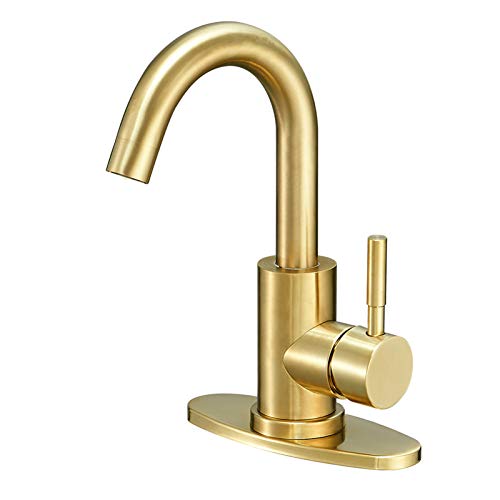 Hoimpro Modern Single Handle Wet Bar Sink Faucet with 6 Inch Cover Plate, Single Hole Bathroom Lavatory Faucet,Rv Small Bathroom Sink Faucet,Bar Vanity Faucet,Brushed Gold