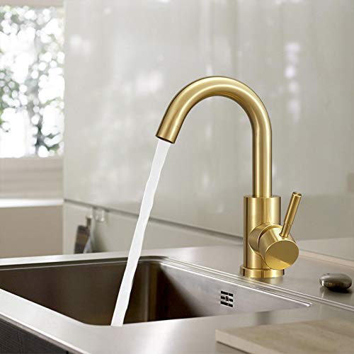 Hoimpro Modern Single Handle Wet Bar Sink Faucet with 6 Inch Cover Plate, Single Hole Bathroom Lavatory Faucet,Rv Small Bathroom Sink Faucet,Bar Vanity Faucet,Brushed Gold