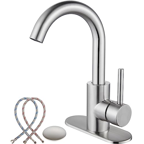 Midanya Single Handle Bathroom Sink Faucet, Wet Bar Pre-Kitchen Farmhouse RV Small Vanity Faucet with 360°Rotation Spout with Deck Plate, Supply Hoses and Drain Stopper,Brushed Nickel