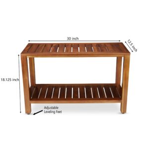 TeakCraft Teak Shower Bench with Shelf 30 Inch for Bathroom, Spa - Fully Assembled, Shower Stool, The Freya