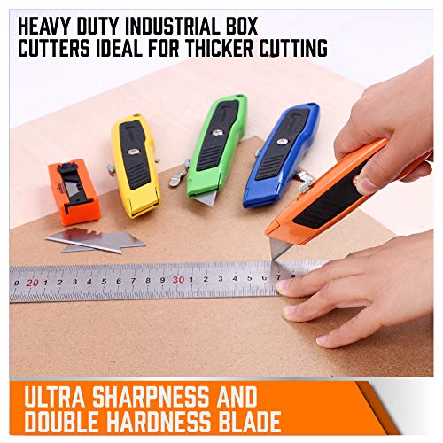 HORUSDY 4-Pack Box Cutter Utility Knife, Heavy Duty Aluminum Shell Retractable Box Cutter for Cardboard, Boxes and Cartons, Extra 10 Blades.