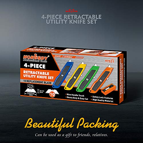 HORUSDY 4-Pack Box Cutter Utility Knife, Heavy Duty Aluminum Shell Retractable Box Cutter for Cardboard, Boxes and Cartons, Extra 10 Blades.