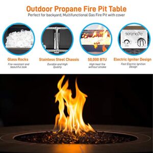 SereneLife Outdoor Propane Fire Pit Table - Approved Safe 50,000BTU Auto-Ignition Propane Gas Fire Table - Rattan Panel, Glass Wind Guard, Black Tempered Glass Tabletop, Clear Glass Rock - SLFPTL