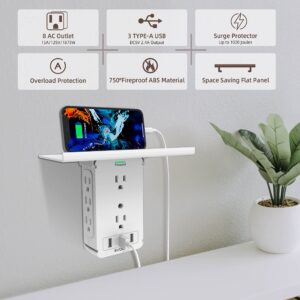 Wall Socket Outlet Extender with Shelf, 3 USB Ports, 8 AC Outlet, Surge Protector 1020J, White