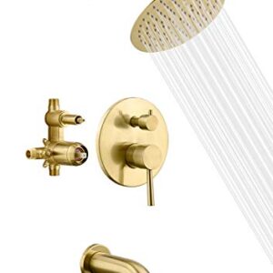 sumerain Pressure Balance Shower and Tub Faucet Set Brushed Gold with Tub Spout, 8" Shower Head, High Flow